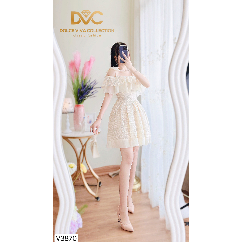 High-end designer off-the-shoulder cream lace dress V3870 - DVC ...
