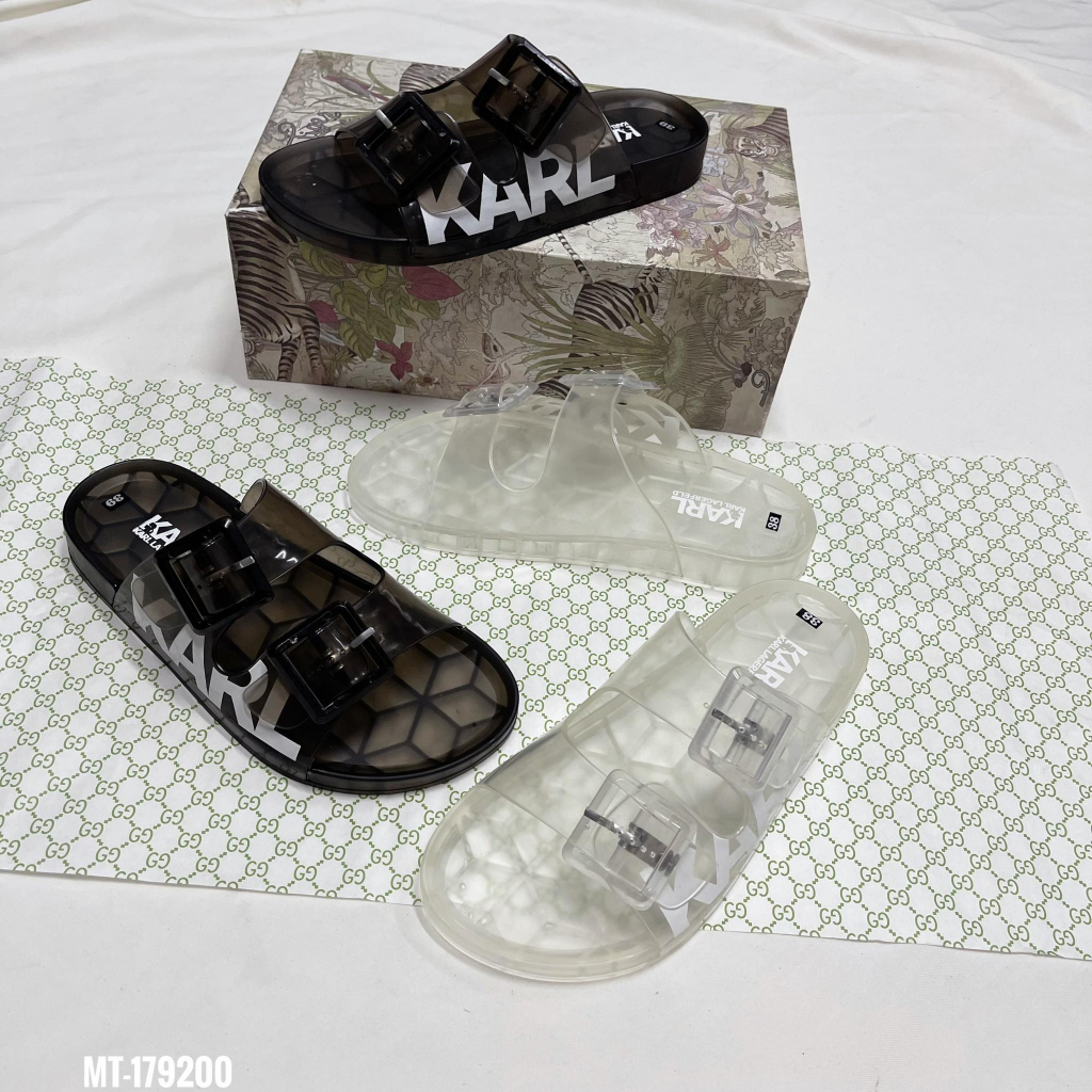 Karl Transparent Molded Two Horizontal Strap Slippers With Transparent ...