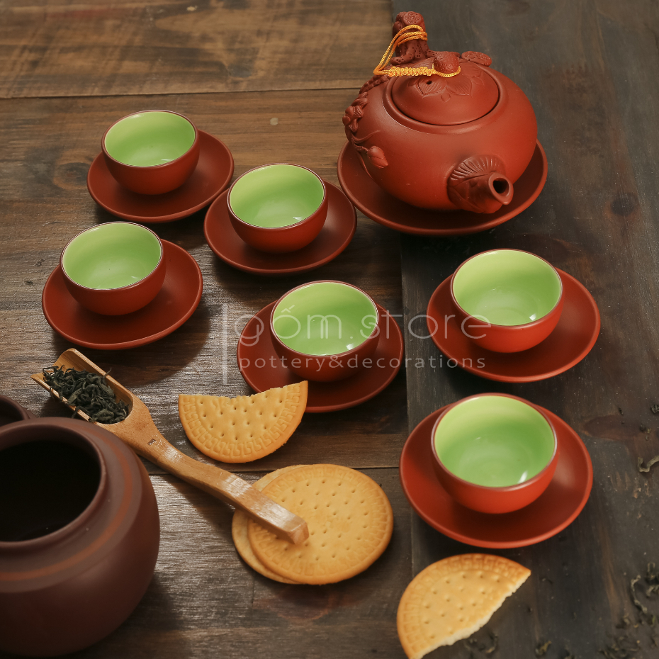 SA Bat Trang purple teapot embossed with lotus flowers and saucer (Air ...