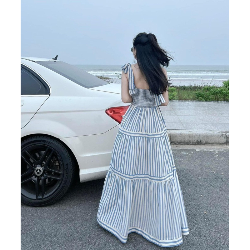 BEAUTIFUL BLUE STRIPED SHOULDER MAXI DRESS BG | Shopee Philippines