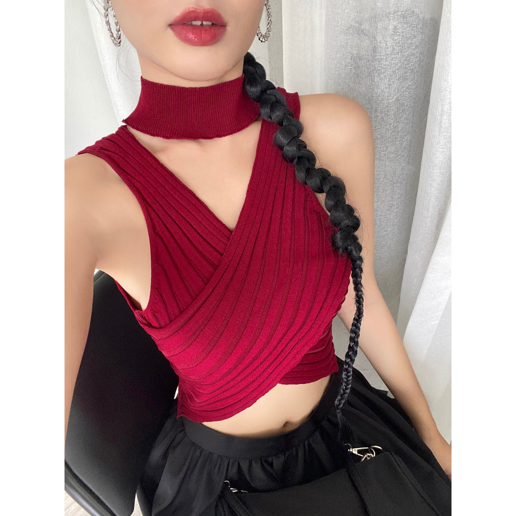 Knitted wool crop top with 2 diagonal flaps that can be worn in 2 sexy ...