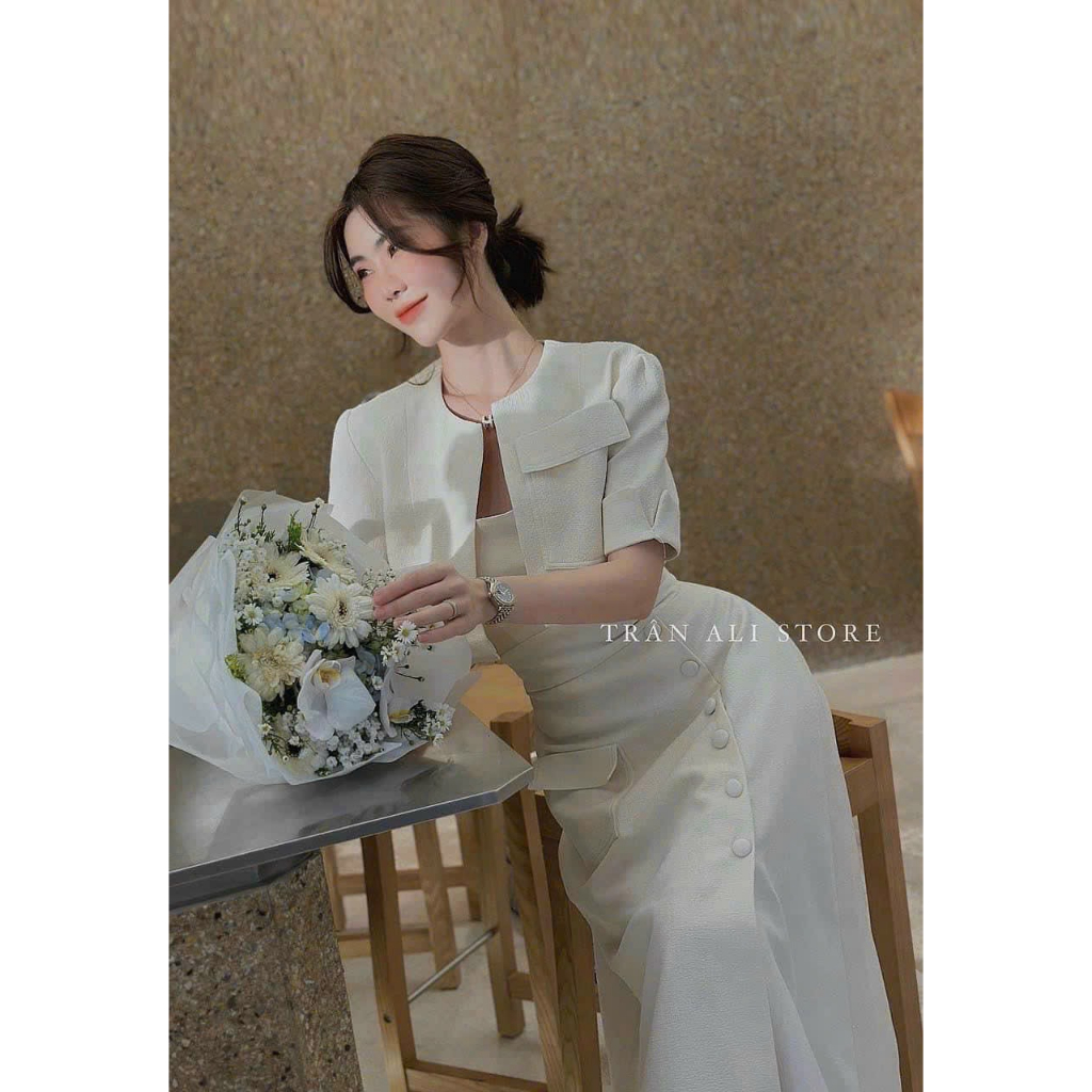 Set of long two-piece buttoned dress with elegant, luxurious crotop ...