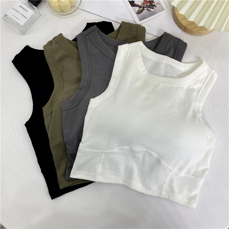3-hole crop top with chest pad made of cool, stretchy cotton | Shopee ...