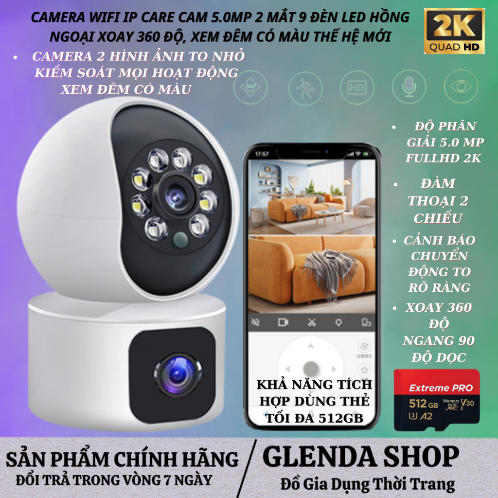 Carecam 5.0MP FULLHD WIFI IP Camera 2 Eyes 9 LEDs, Color Night Vision, 360 Degree Rotation ...