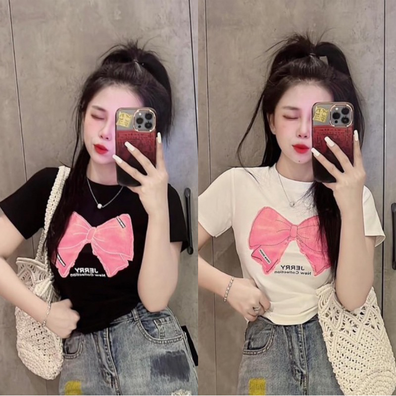 Women's body-hugging crop top with embossed bow (Pink bow crop top ...