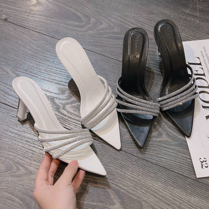 Pointed toe heel with 4 slanted stone straps, 7 inch mica stiletto heel ...