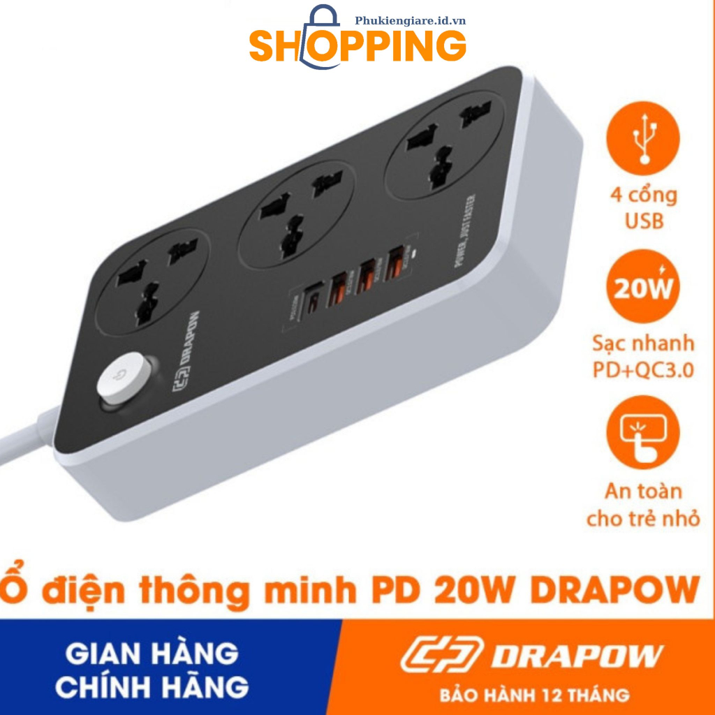 Drapow SK20 Smart Power Socket USB-C Fast Charging 20W PD for iP / 3 QC ...