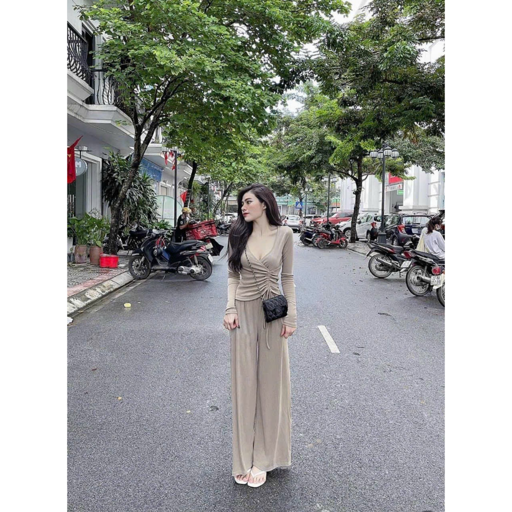 Set Of Elastic Drawstring Waistband With Long Sleeves mix Wide-Legged ...