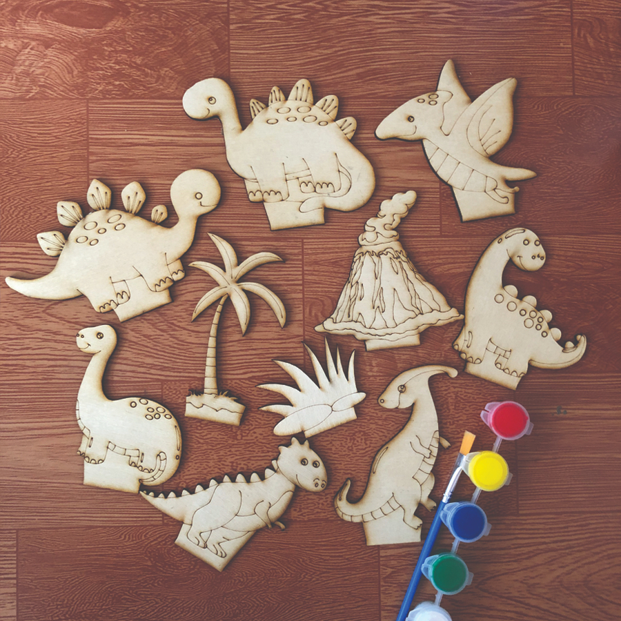 Set of 10 Super Cute Wooden Coloring Figures on Dinosaur Theme - Wooden ...