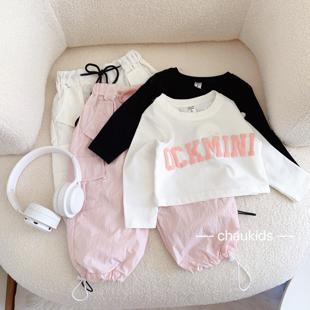 Baby girl's long-sleeved crop top outfit with embossed round neck and ...