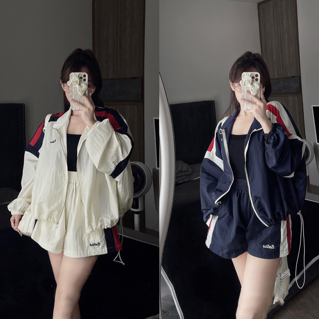 Women's windbreaker set with striped trim, women's long-sleeved Jacket ...