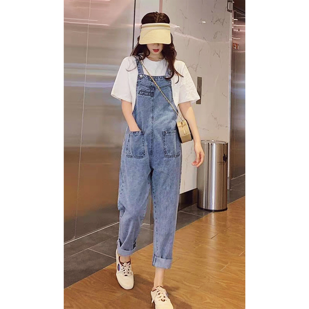 HARUKUN YJ015 women's jean overalls with Korean style round pockets ...
