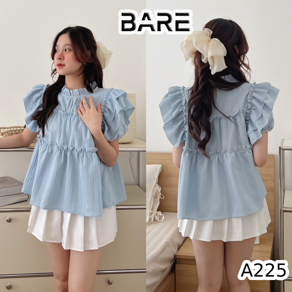 BARE_Ruffle collar shirt with wave ribbed fabric, elegant style - A225 ...