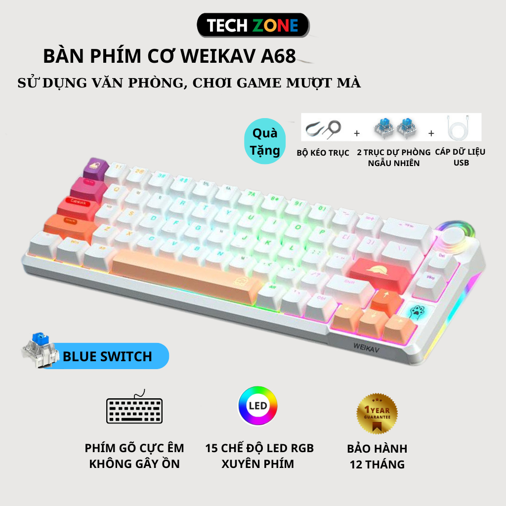 Weikav A68 Detachable Wired Mechanical Keyboard - Compact - Rainbow LED ...