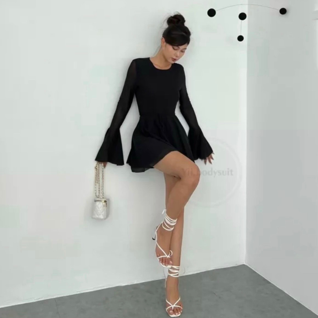 [Ready-Fire] Rosé chiffon dress with short flared sleeves and open back ...
