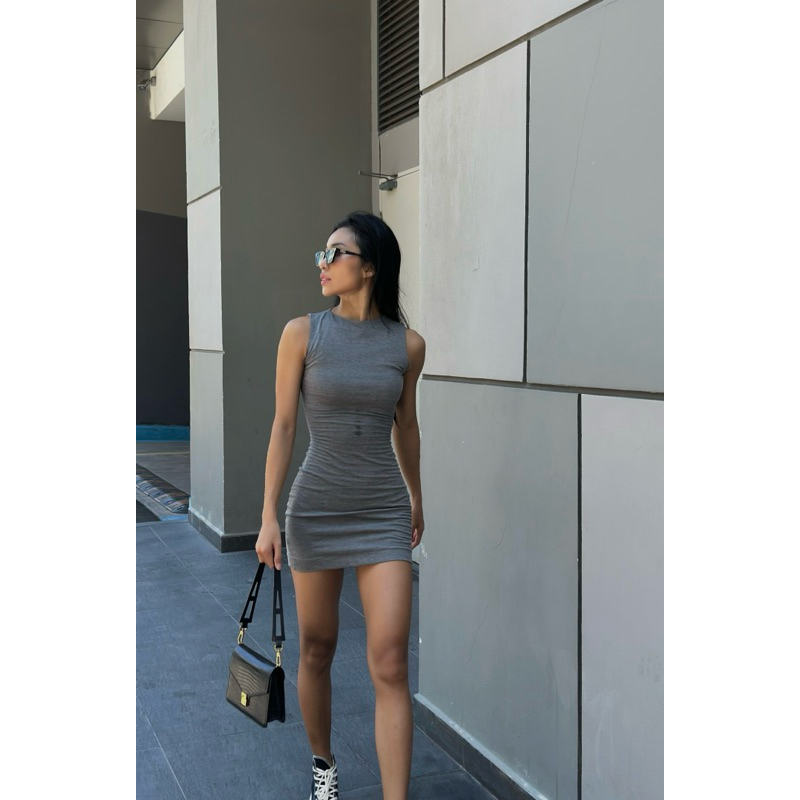 Basicbody- Horizontal neck bodycon dress / Mouse gray | Shopee Philippines