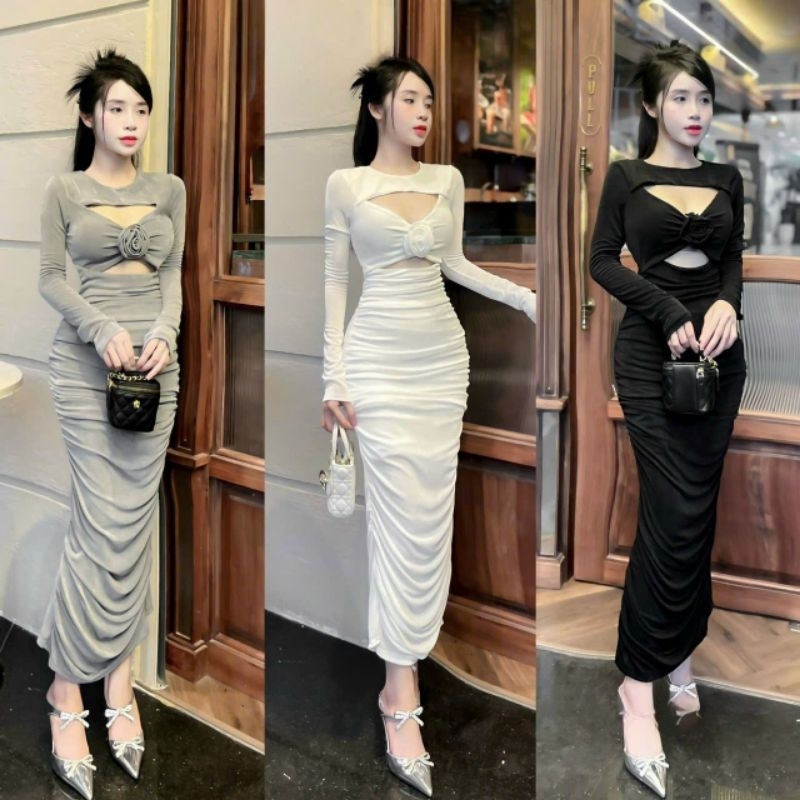 Long-sleeved Round Neck Dress with Open Chest and Belly with Bow in the ...