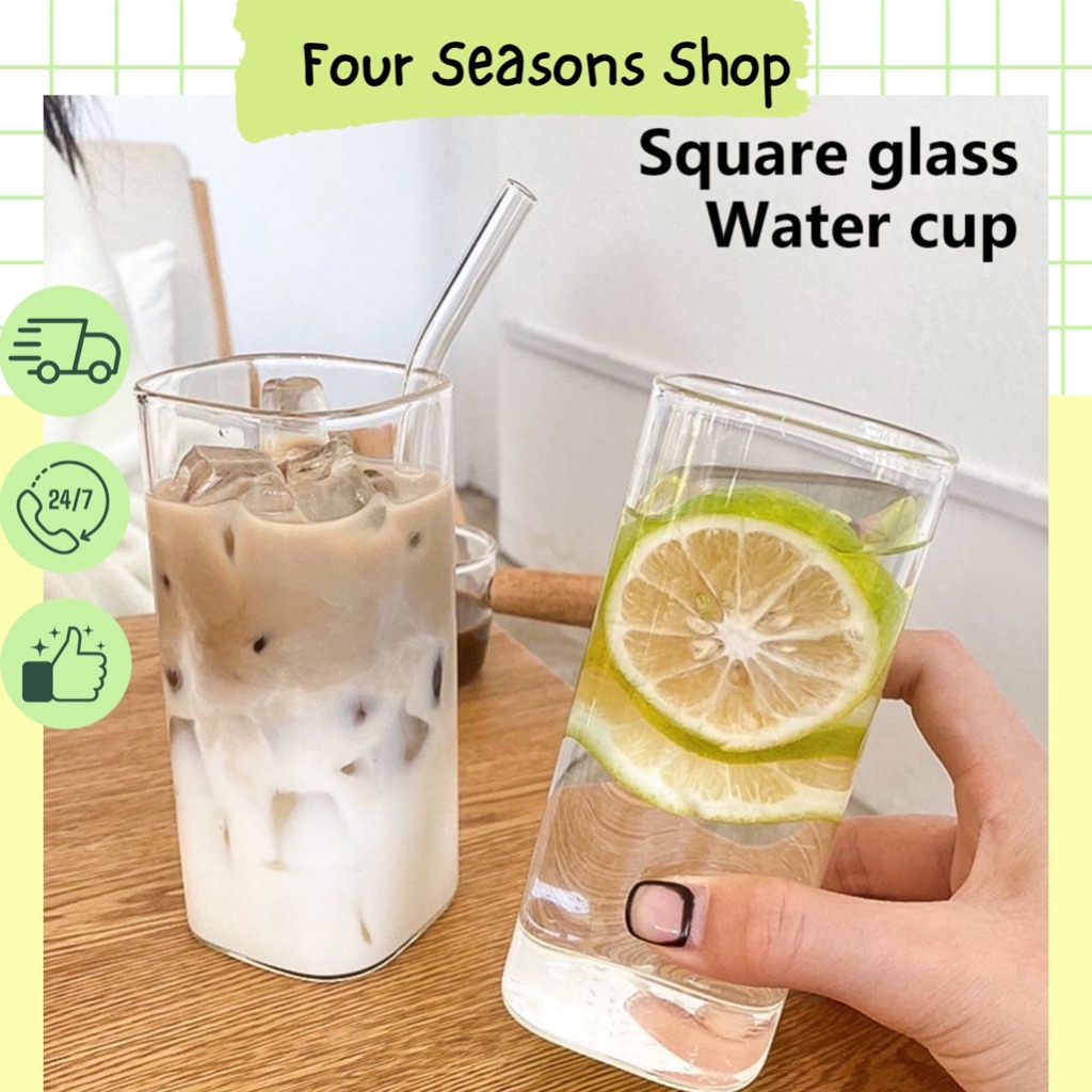 Transparent Square Glass Water Bottle 400ml (With Straw) | Shopee ...