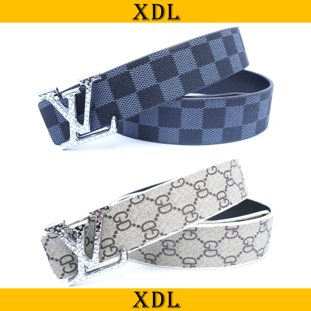 Men's checkered belt with silver-plated clasp with small letters, multi ...
