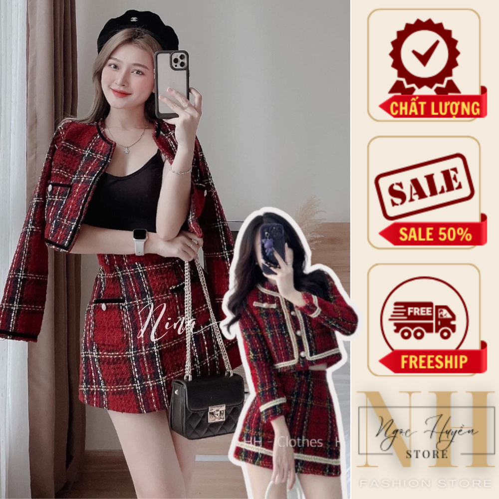 Winter women's red plaid tweed Set with velvet trim and Korean lady ...