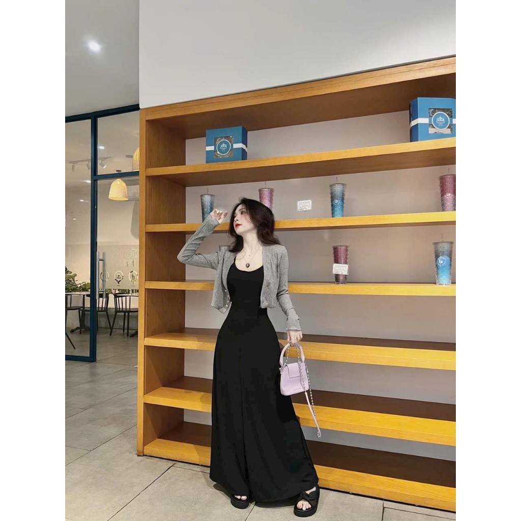 Black 2-String Maxi Dress with Cardigan Jacket_2-Piece Skirt Set ...