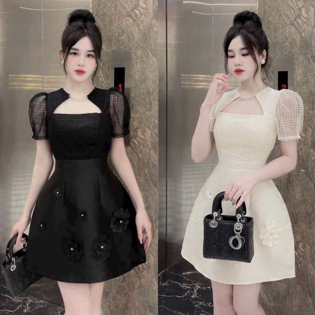 Women's rattan dress with puffed sleeves and A-line flared tafta with ...