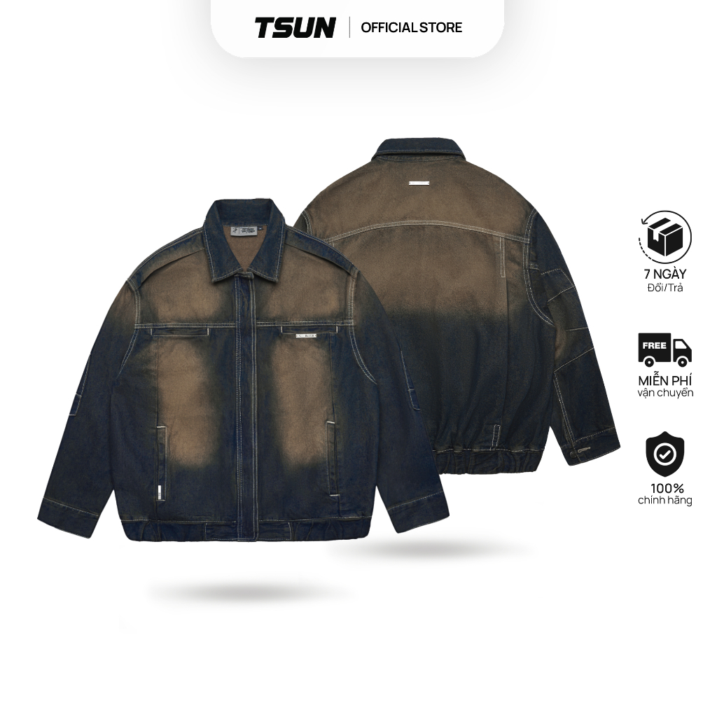 Denim JeanJacket with Metal Logo in Brown Blue - Genuine TSUN Brand ...