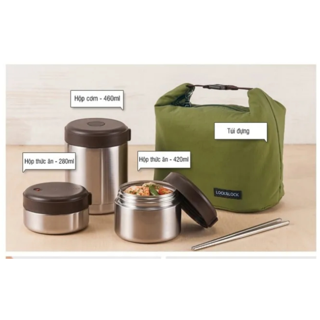Set of 3 Lock&Lock stainless steel thermos lunch boxes with thermo bag ...