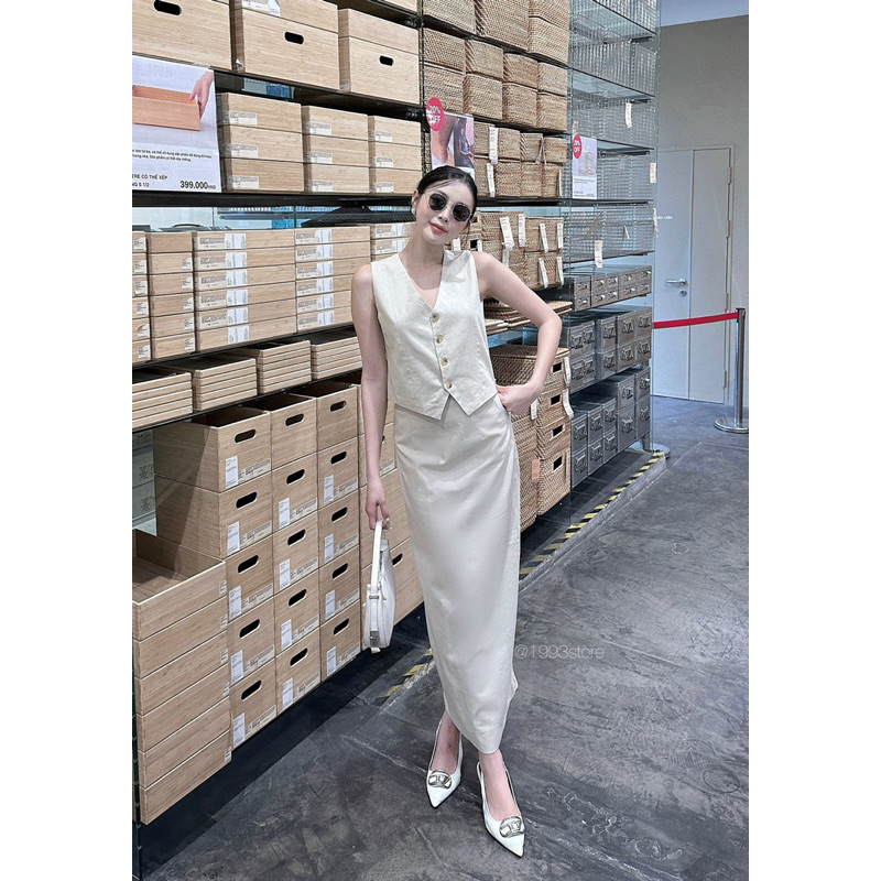 LINEN GHILE SET MIXED WITH LUXURY BASIC LONG SKIRT IN LIGHT CREAM COLOR ...