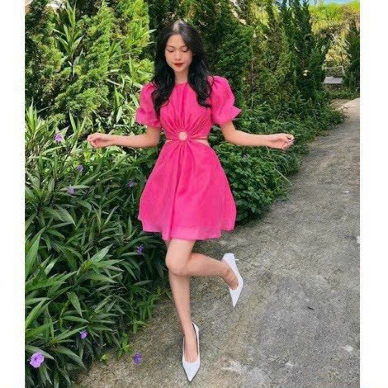 Neon pink dress with flared waist and puffed sleeves | Shopee Philippines