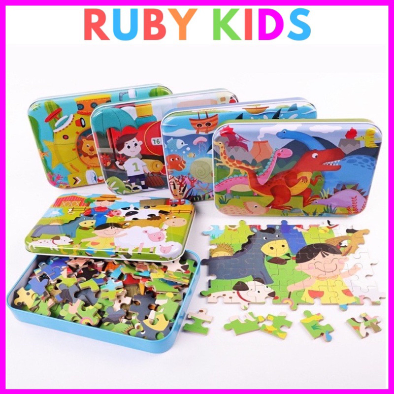 Jigsaw Puzzle for Children 60 Pieces Wooden Tin Box Puzzle with Many ...