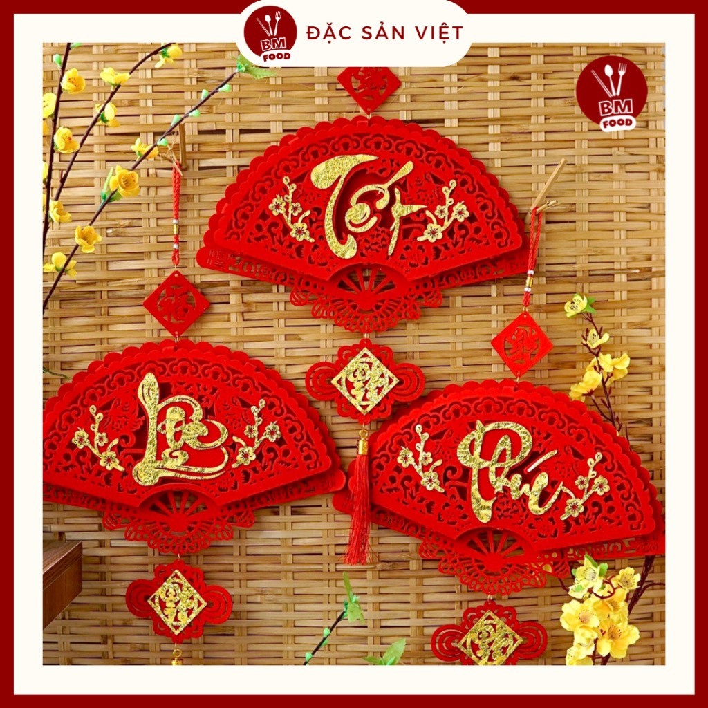 Khanh Red Velvet Fan Engraved with Letters CNY PHUC LOC Decorative ...