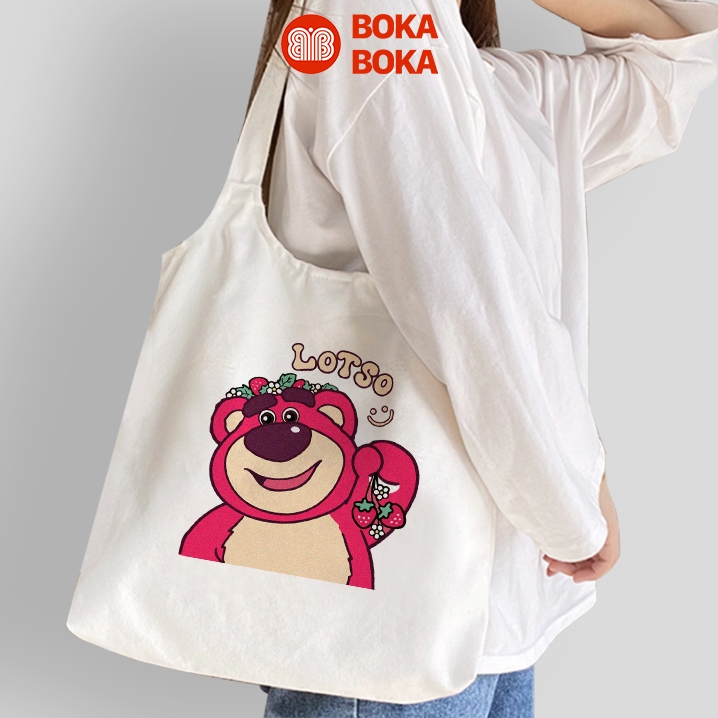 Lotso Pink Strawberry Bear Round Handle Canvas Tote Bag with Lock ...
