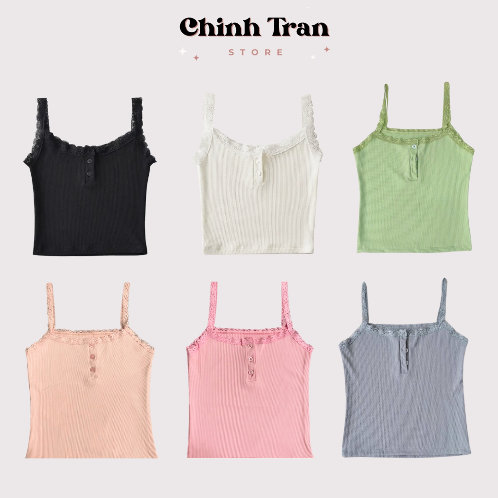 Women's 2-strap crop top with lace trim and feminine buttons - CHINH ...