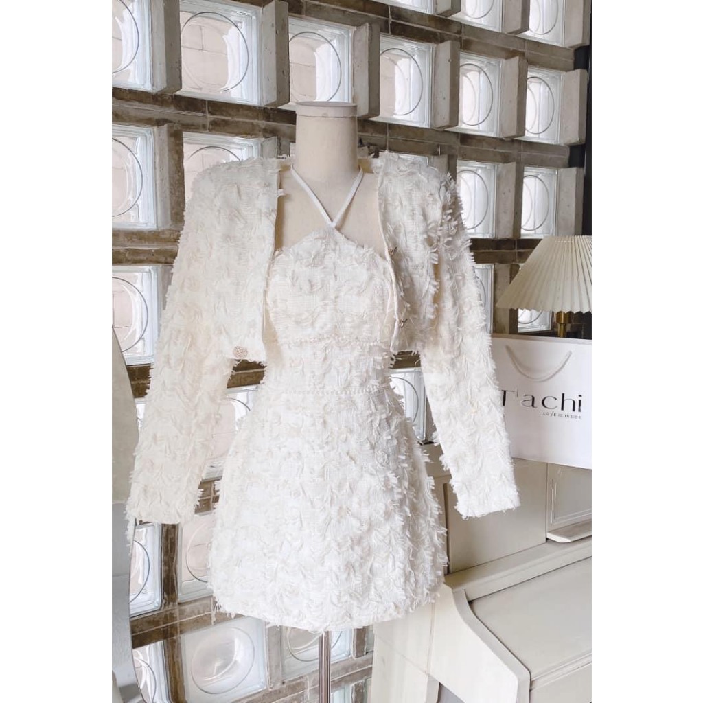 Jari- CLOTHES FEATHER DRESS SET WITH CREAM CROP COAT | Shopee Philippines