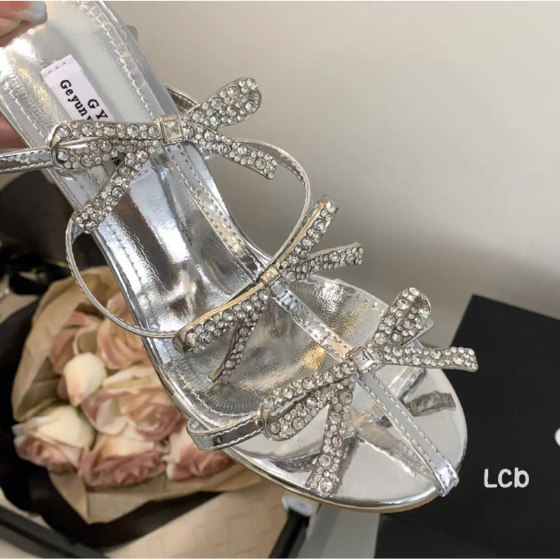 HUYENSHOES Beautiful silver stone bow Sandal with glitter, round toe ...