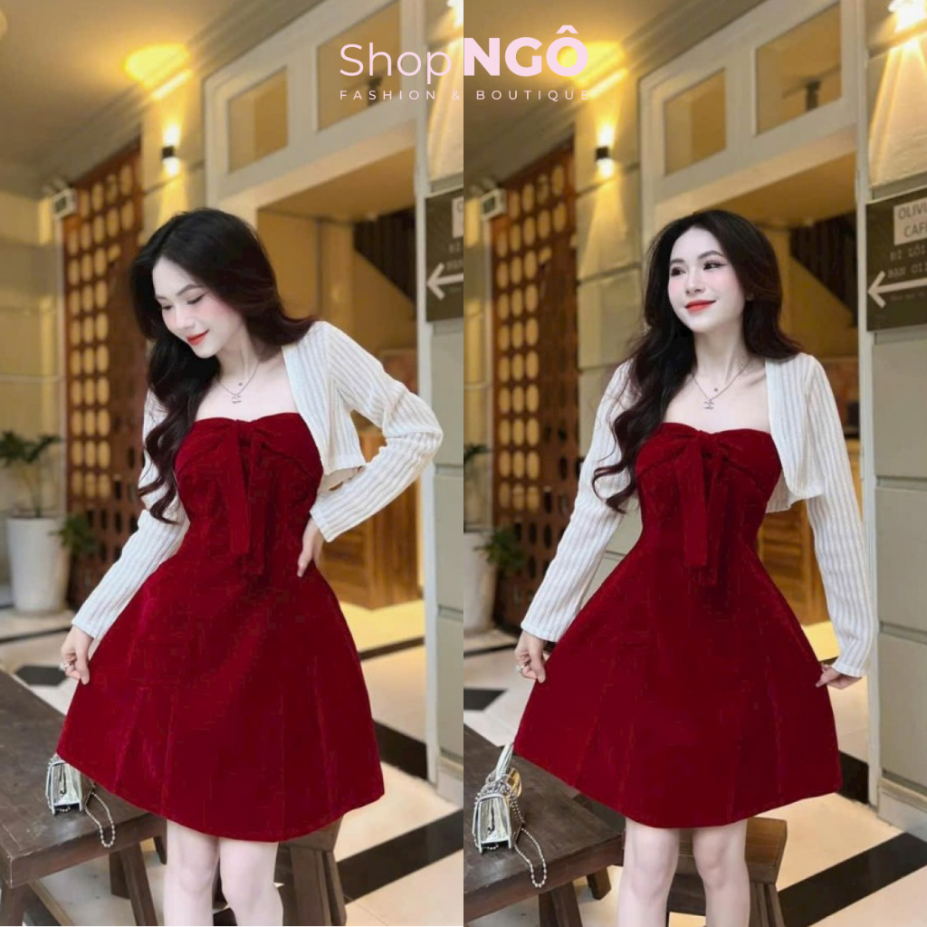 Set of women's red velvet dress with bow strap and A-line skirt with ...