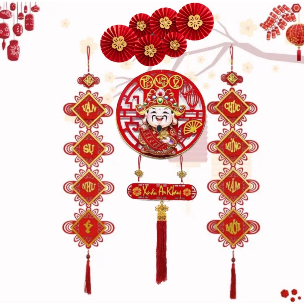 Decorative Hanging Rope Set CNY Khanh Couplets with Red Velvet Fan and ...