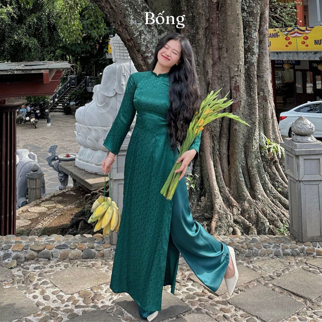 Traditional teal brocade ao dai made from ready-made brocade (Moc Tra ...