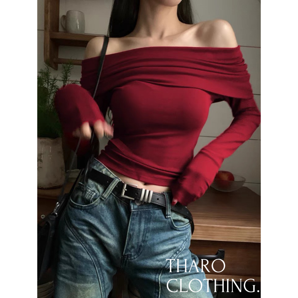 Christmas Red Long Sleeve Off Shoulder Blouse - Tharo Clothing [AO00166 ...