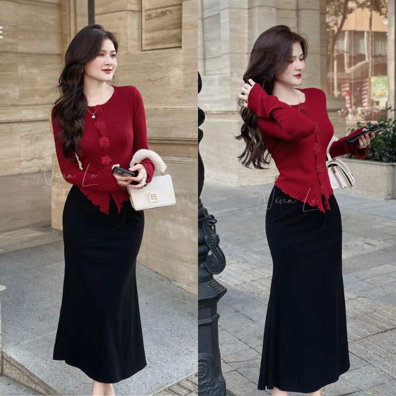 Women's Set, rose pattern sweater with long fishtail skirt, Korean ...