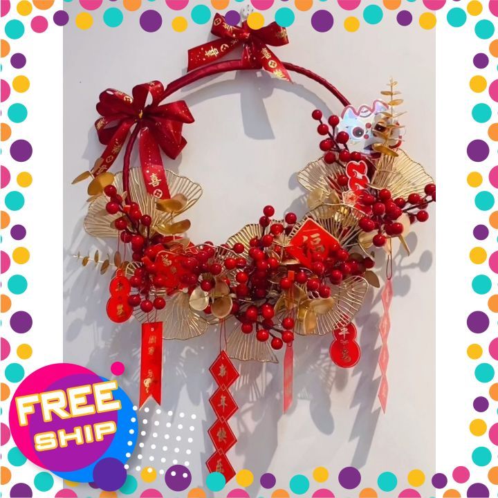 Tet holiday hanging ring, red winter peach wreath, god of wealth, glass ...