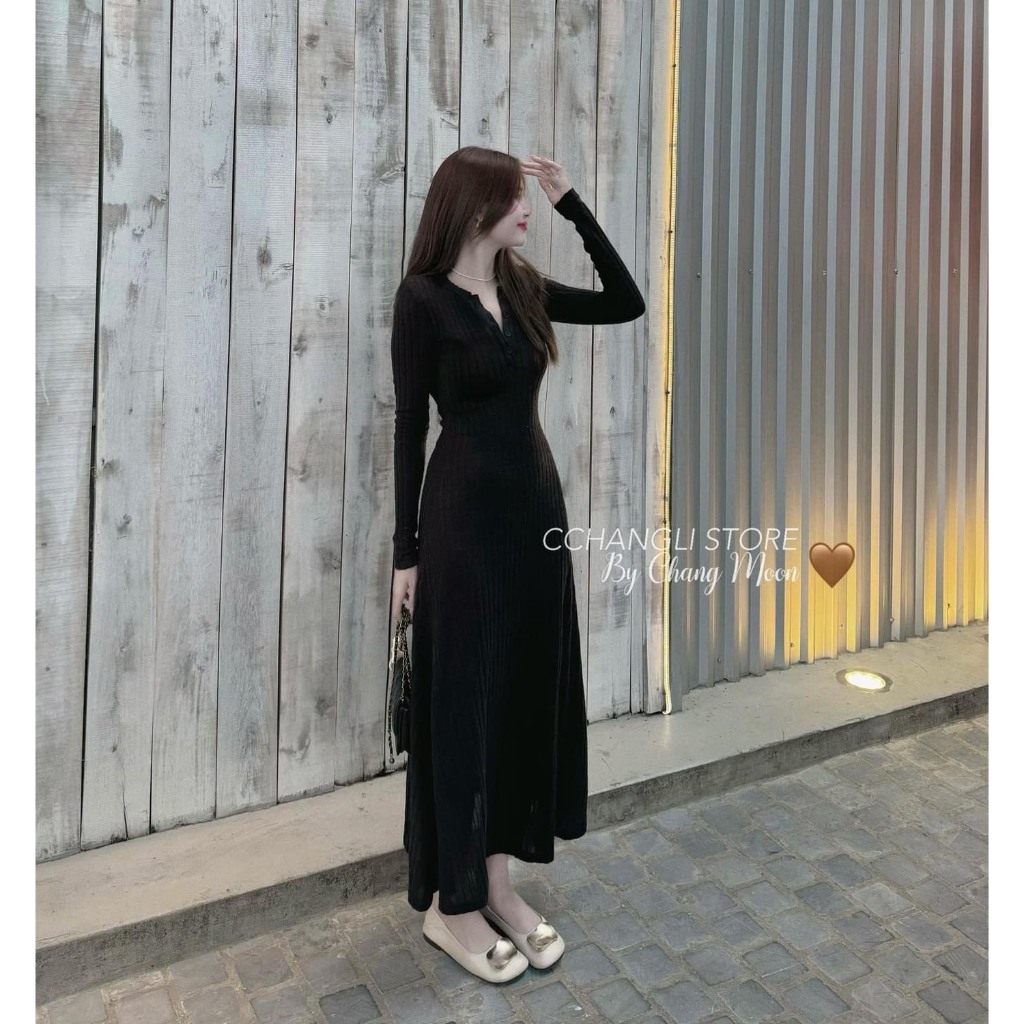 Elegant Long Spread Body Wool Dress, Long Button Ribbed Wool Dress ...