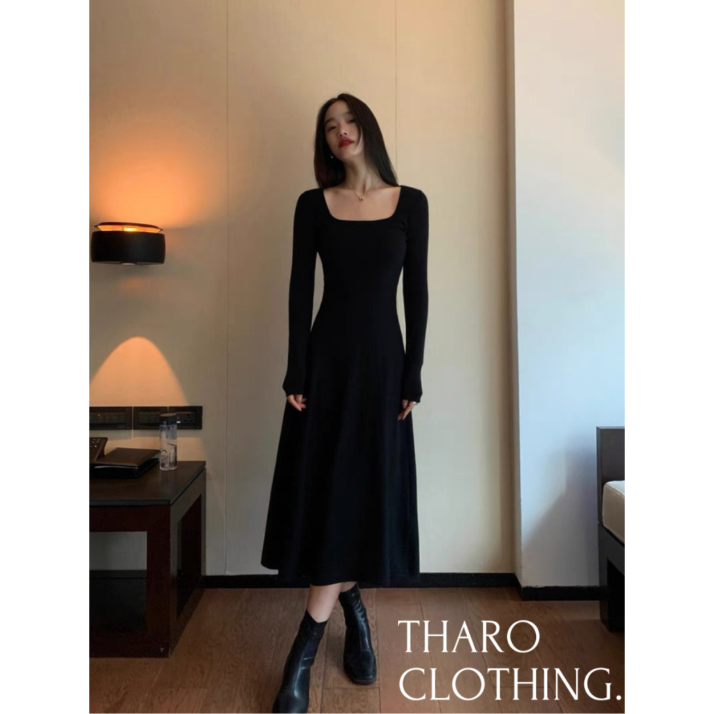 Basic A-Line Flare Dress, Square Neck, Long Sleeves - Tharo Clothing ...