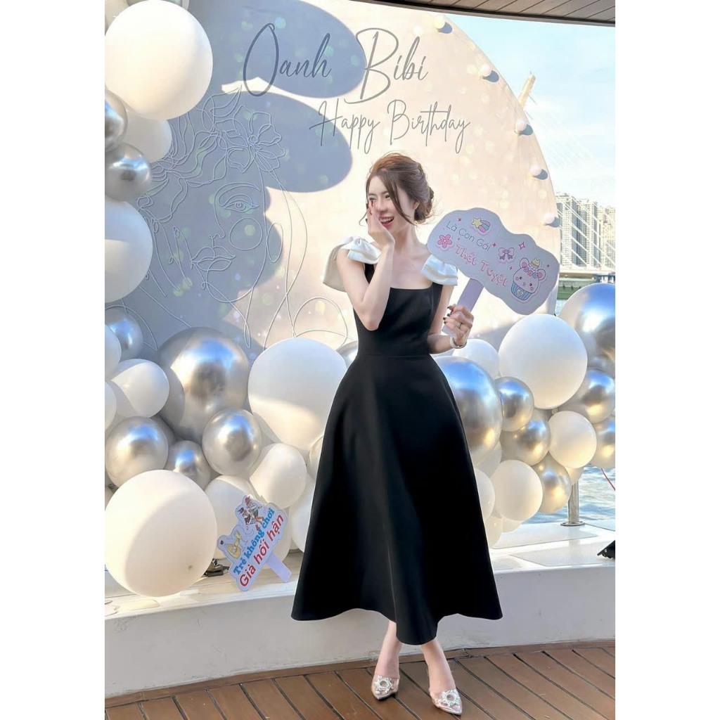 Black MIDI Dress Spread Style 2S Tata Style With White Shoulder Bow ...