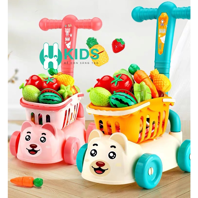 Supermarket trolley toy with built-in cart and fruit cutting set for ...