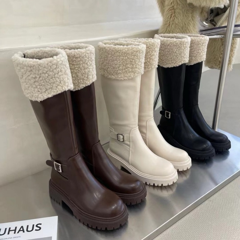 Super cute fur collar thigh boots with flat sole and buckle (5cm ...