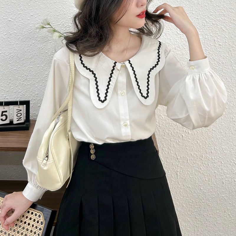 Lace shirt with puffed cuffs (MOON SHIRT) | Shopee Philippines