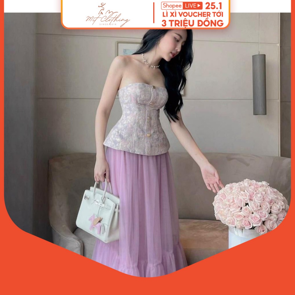 M703 - Brocade peplum tube top with long flared mesh midi skirt ...