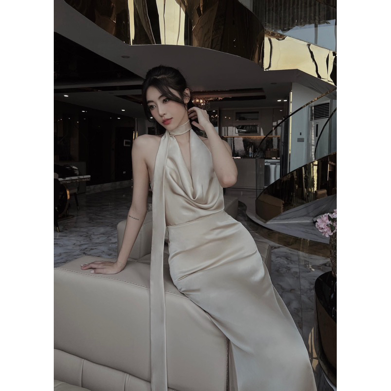 Long silk dress with fishtail collar | Shopee Philippines